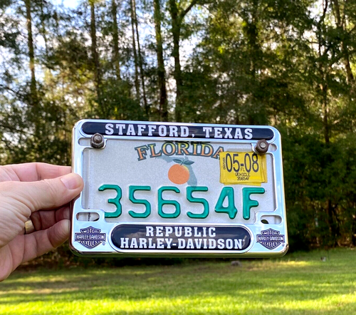 Florida Motorcycle LICENSE PLATE TAG # 35654F w/ Texas Harley Davidson ...
