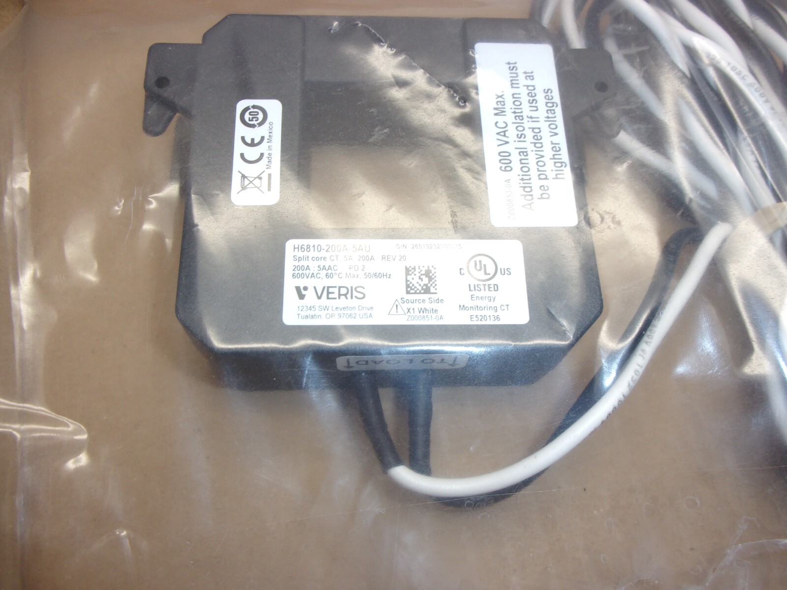 Veris H6810-200A-5AU Power Metering Control Transformer Split Core 0 ...