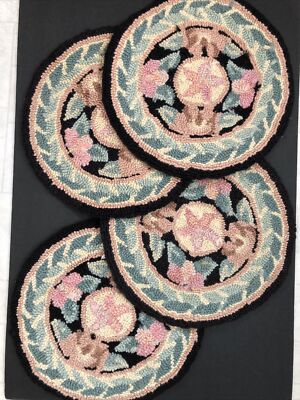 VTG (4) Round Floral Hooked-Rug Chair Pads (13.5”) Diameter Wool | eBay