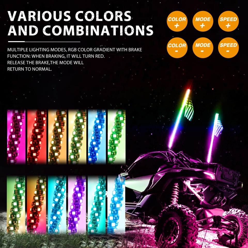 2pc 1ft Lighted Spiral LED Whip Antenna Remote Bluetooth for ATV ...