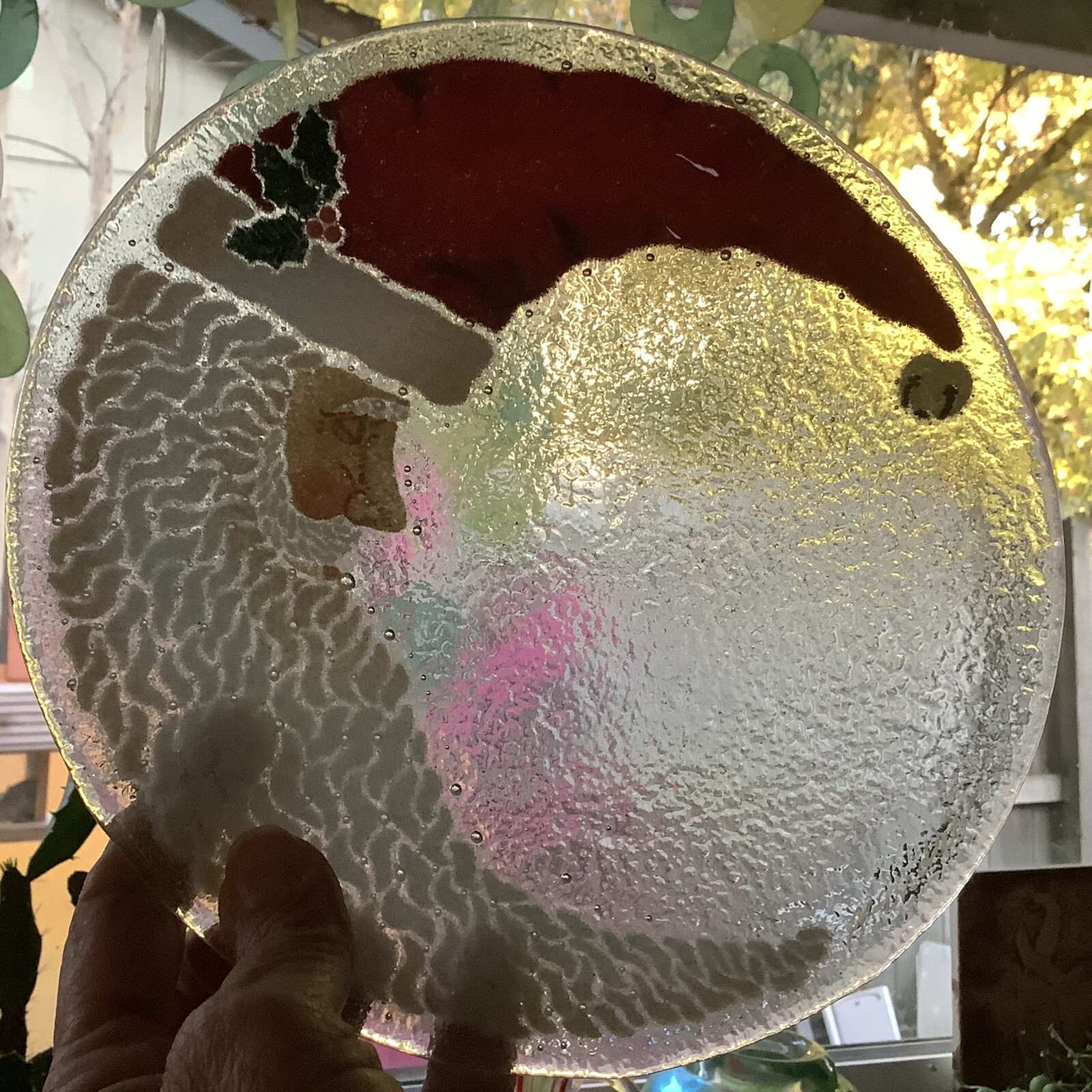 FUSED GLASS SANTA PLATE 7 1/2” round by Peggy Karr CHRISTMAS SANTA MOON ...