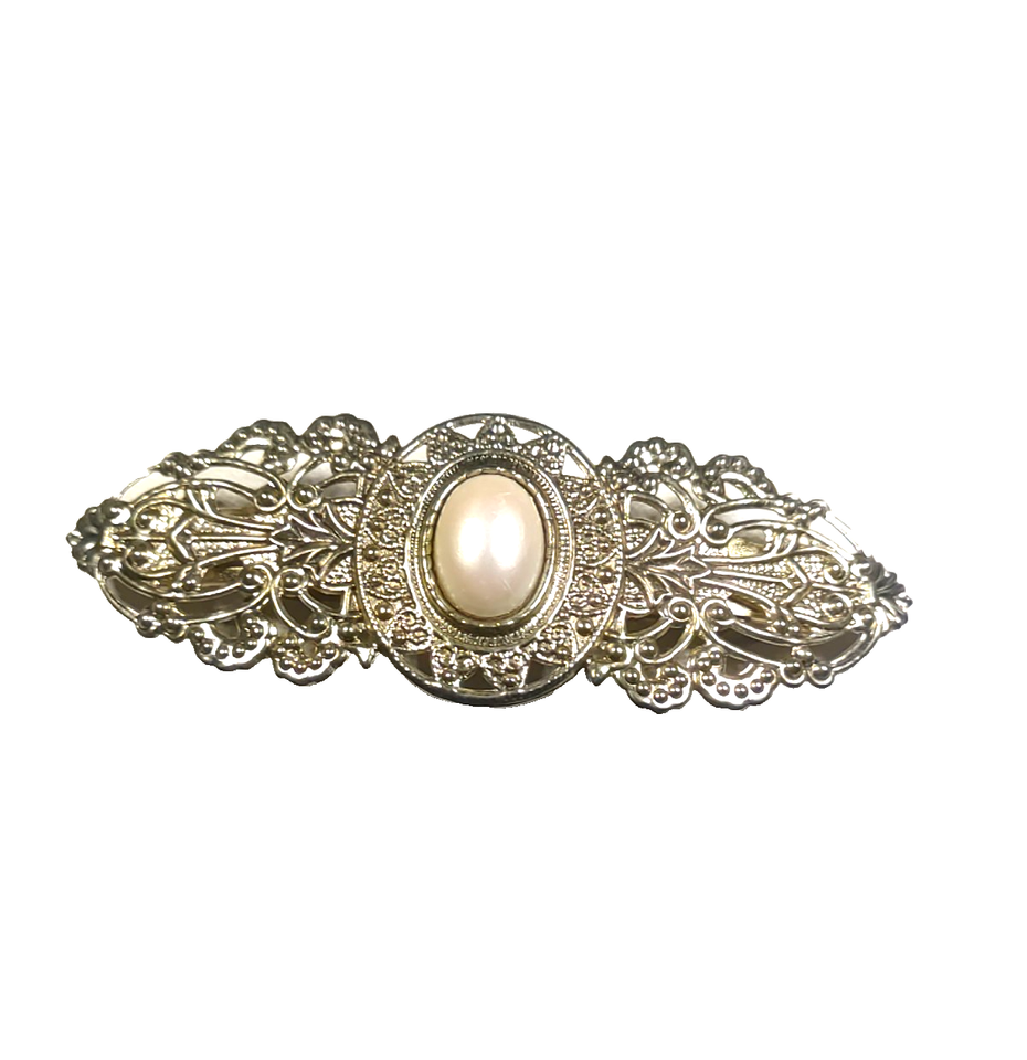 Faux Pearl Gold Tone Hair Barrette Tension Clip Elegant Classic Design ...
