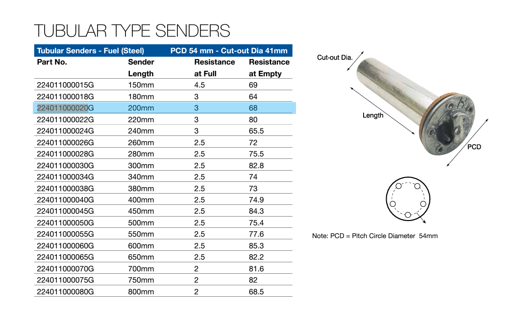 TUBULAR FUEL TANK SENDER 200MM LONG | eBay