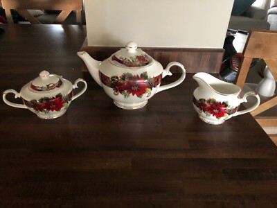 Grace Teaware Poinsettia Christmas Tea set , teapot creamer and sugar ...