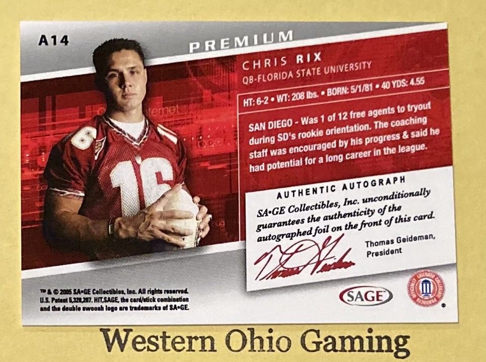 2005 SAGE Premium Chris Rix #A14 Diamond Rookie Authentic Autograph #1/ ...