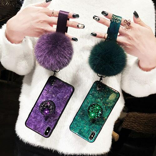 iPhone Marble Bling Diamond Crystal Case Stand & Strap Pom Fluffy XR 11 ...