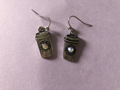 silver tone tall flat take out coffee cup w/cz drop earring on French ...