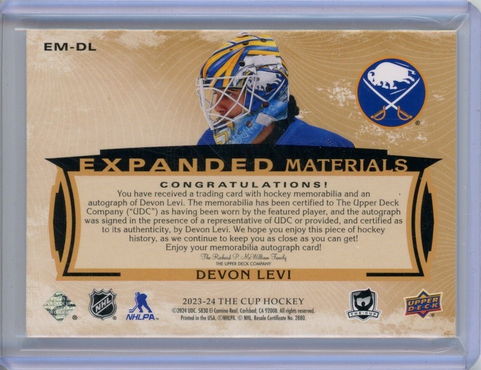 2023-24 The Cup Expanded Material Autographs #EMDL Devon Levi RC PATCH ...