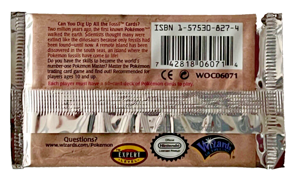 One Pack of Unopened Vintage Pokemon Fossil 1st Edition Booster Pack ...