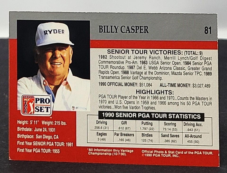 BILLY CASPER signed Autographed 1990 Pro Set Golf Trading Cards #81 PGA ...