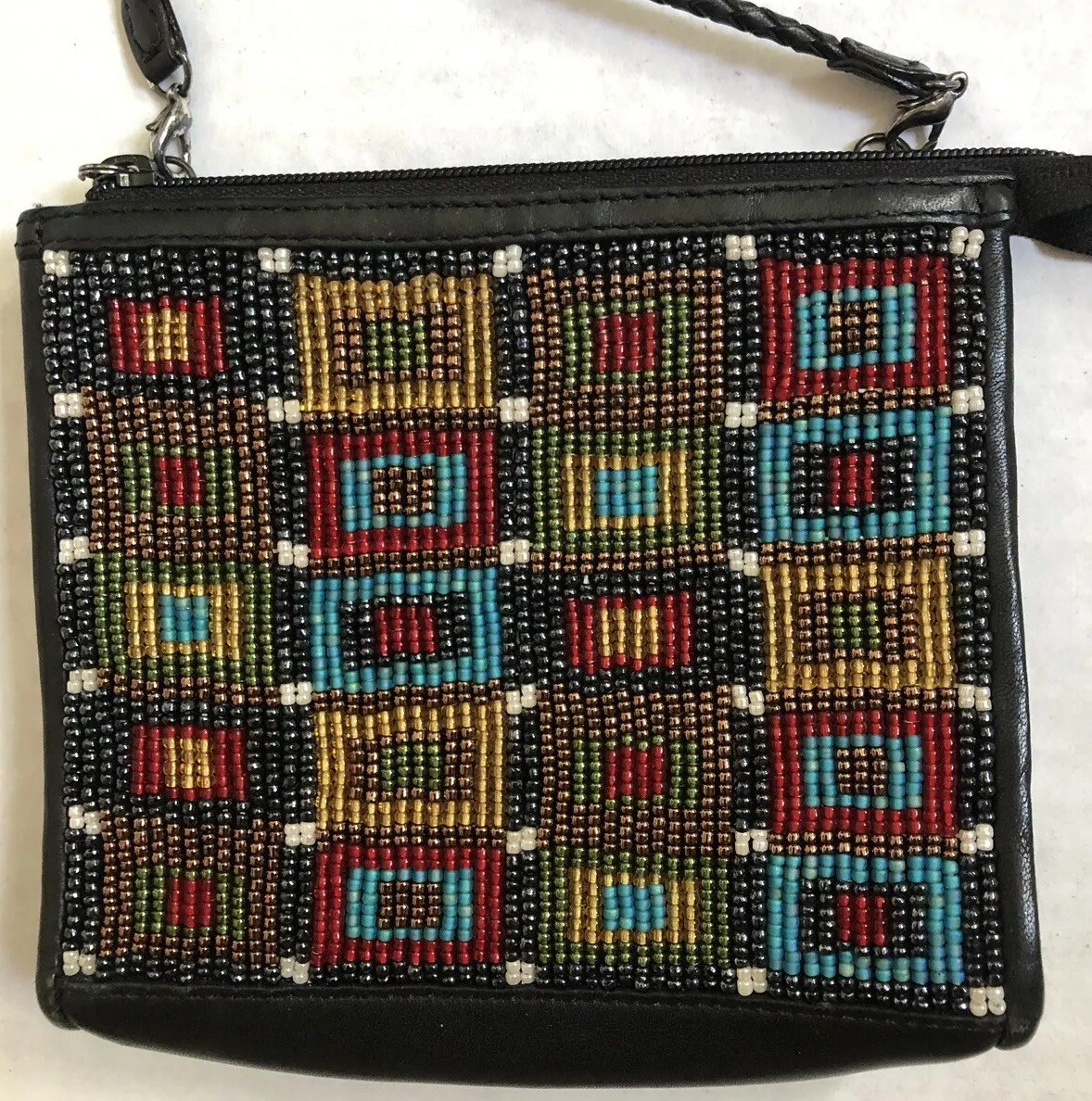 BRIGHTON BEADED BAG WITH BLACK LEATHER TRIM BRAIDED CORD | eBay