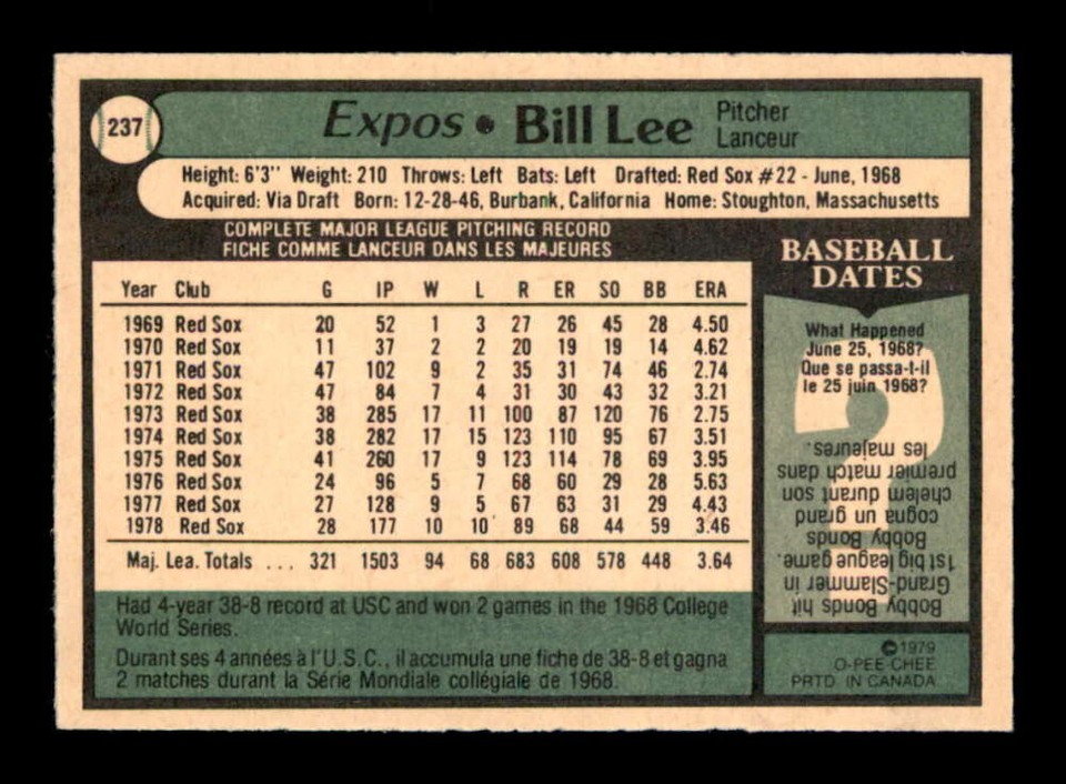 1979 O-Pee-Chee #237 Bill Lee DP NM/NM+ X3301473 | eBay