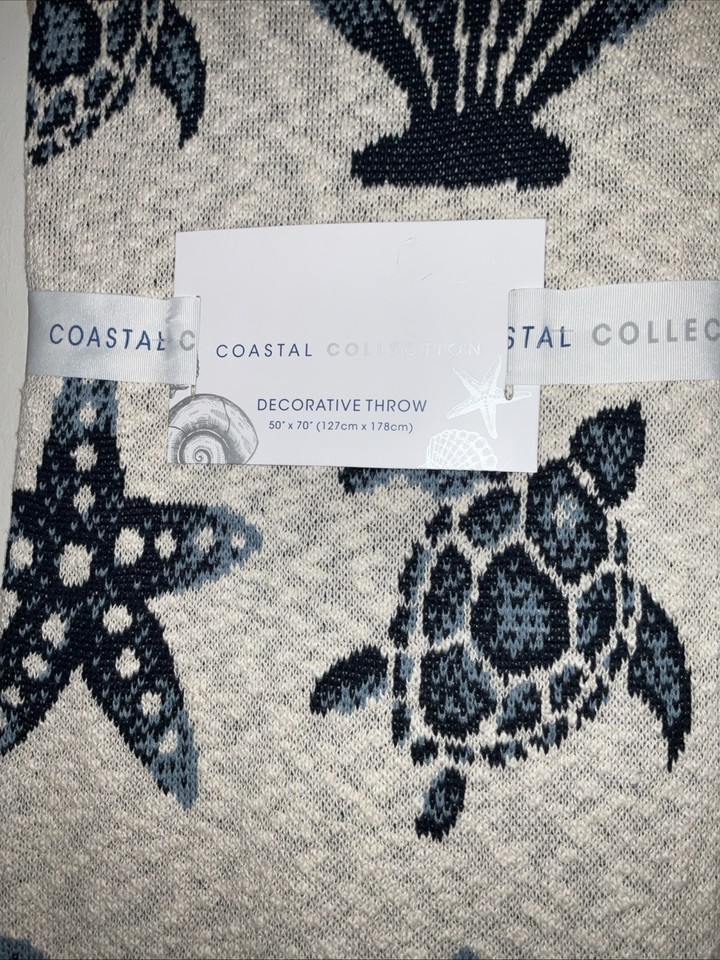 COASTAL COLLECTION BEIGE NAVY SEA TURTLE STARFISH TEXTURED KNIT THROW ...