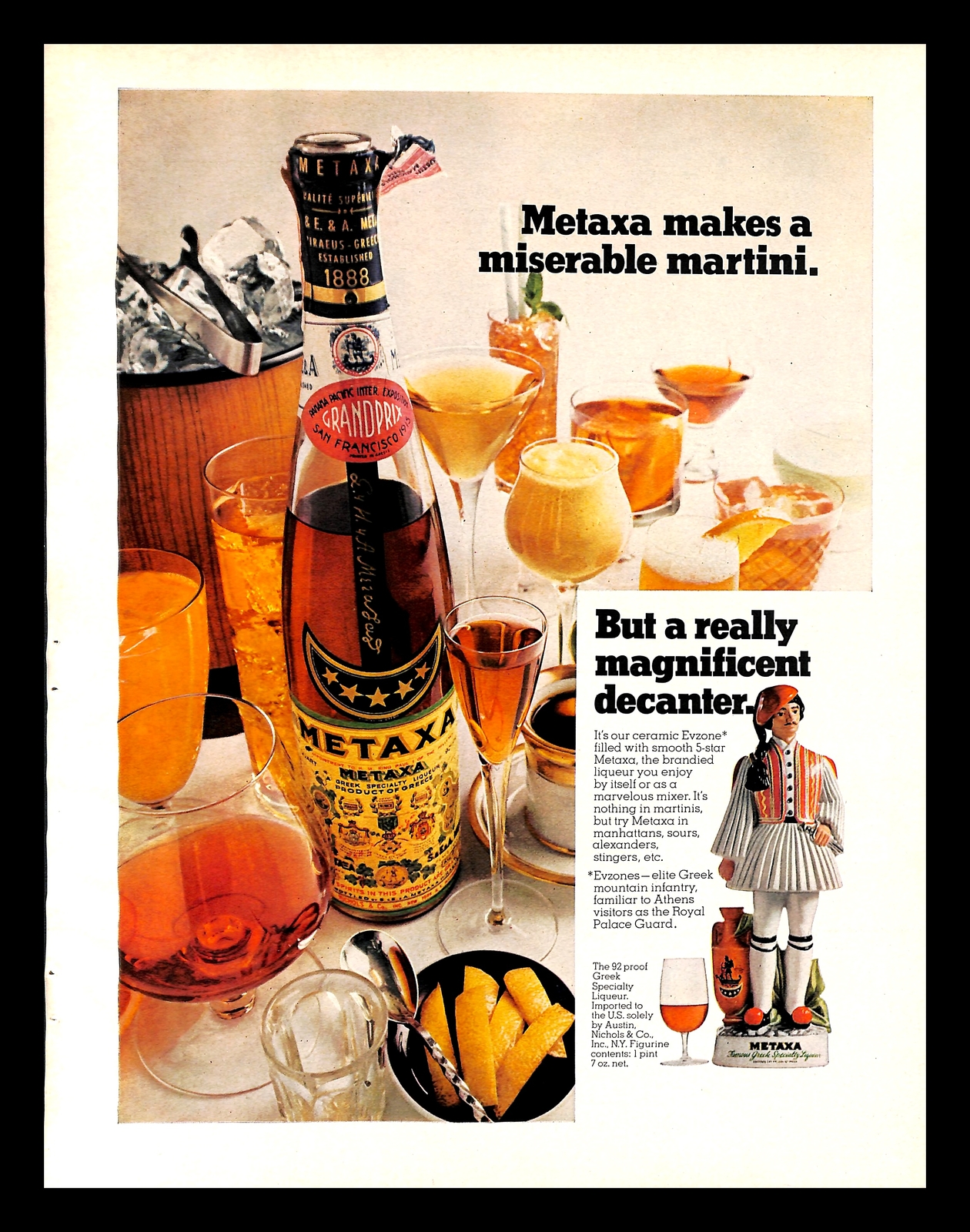 1969 Metaxa Greece Decanter Liqueur Vintage PRINT AD Ceramic Evzone ...