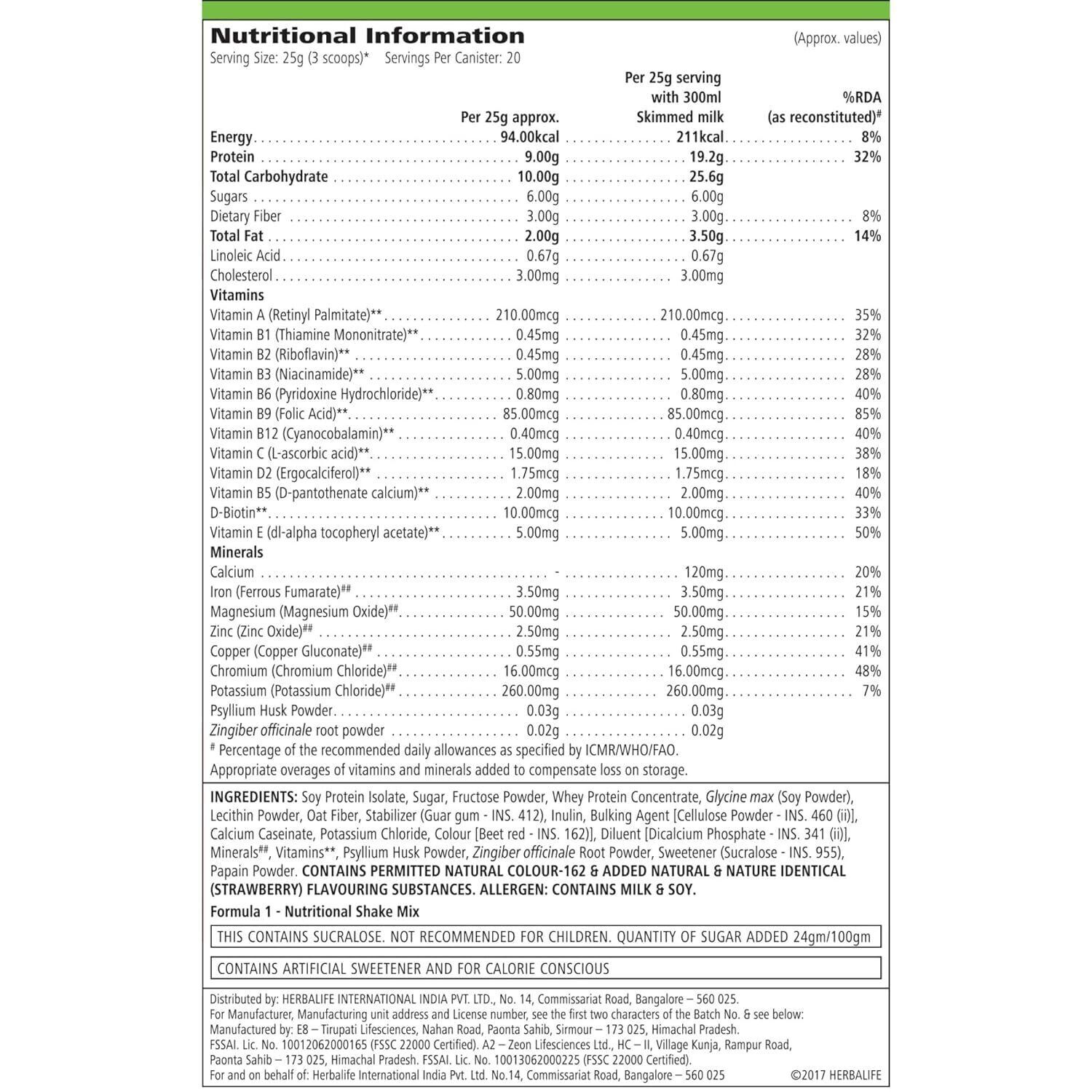 Herbalife Nutrition Formula 1 Shake for Weight Loss (Strawberry, 500 g ...