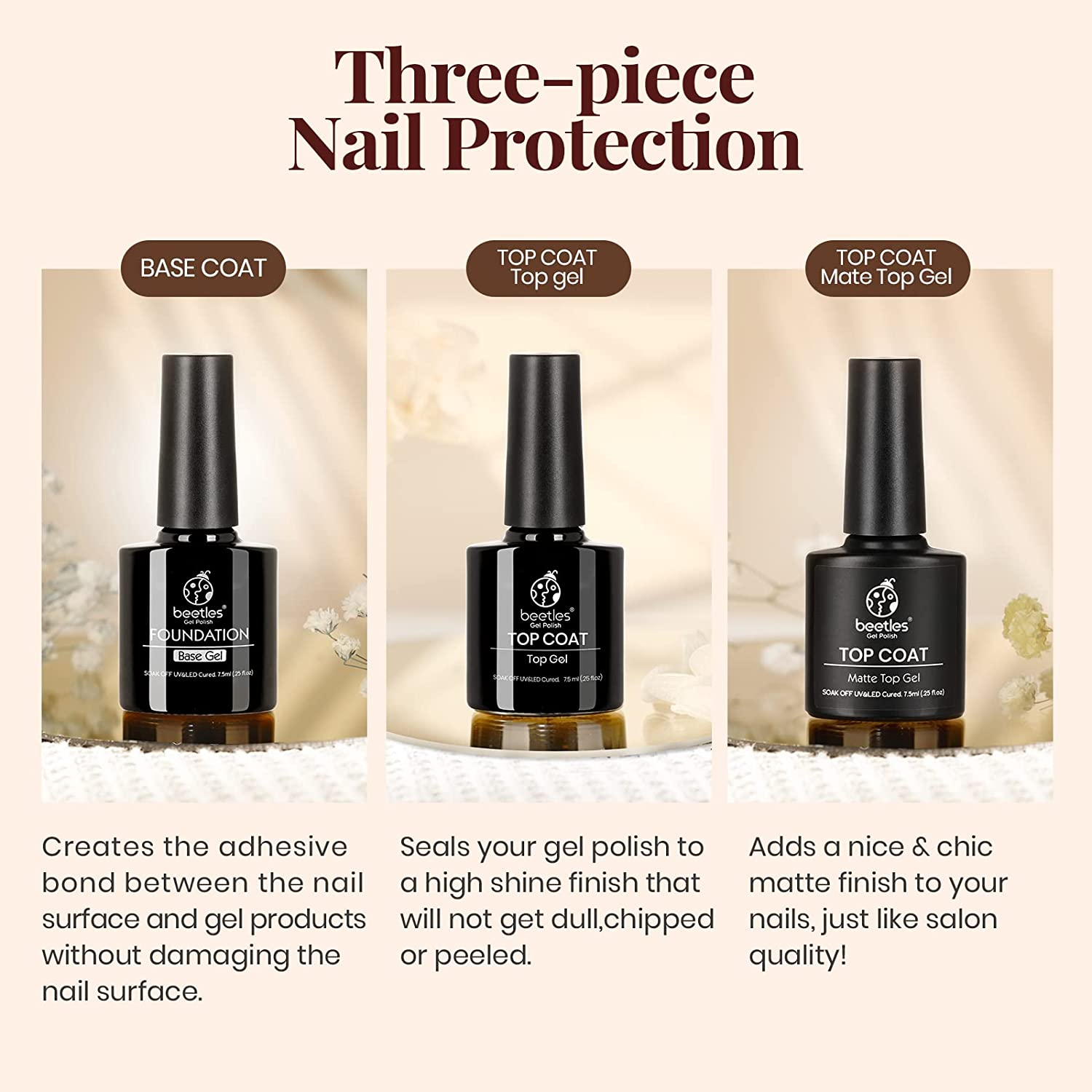 Gel Top Coat Base Coat Set for Gel Nail Polish, 3Pcs No Wipe Base Gel ...