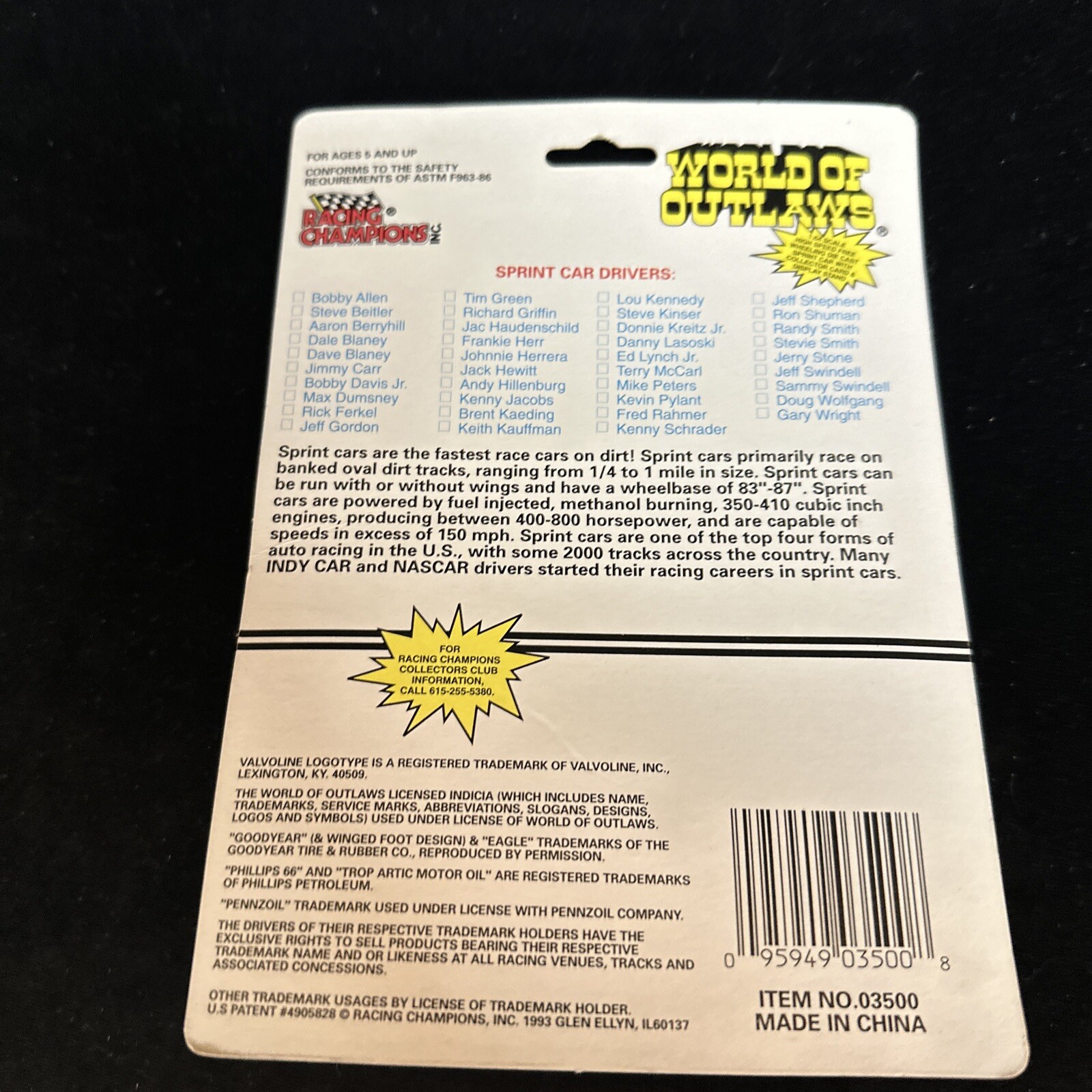 WORLD OF OUTLAWS #11 SPRINT CAR RON SHUMAN RACING CHAMPIONS 1993 1:64 ...