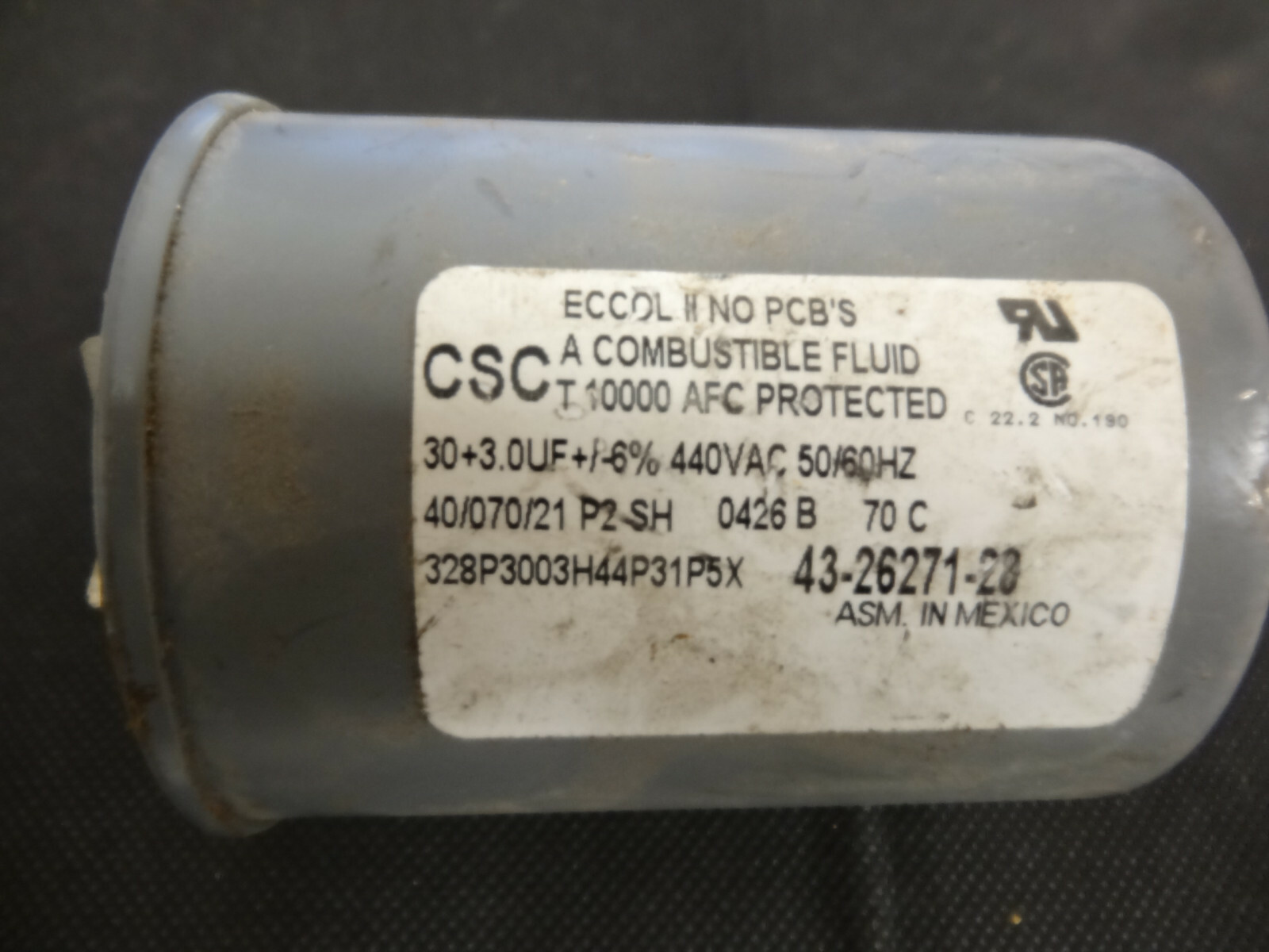 CSC Capacitor 328P3003H44P31P5X; 43-26271-28; 30+3.0UF, 440VAC, 50/60HZ ...