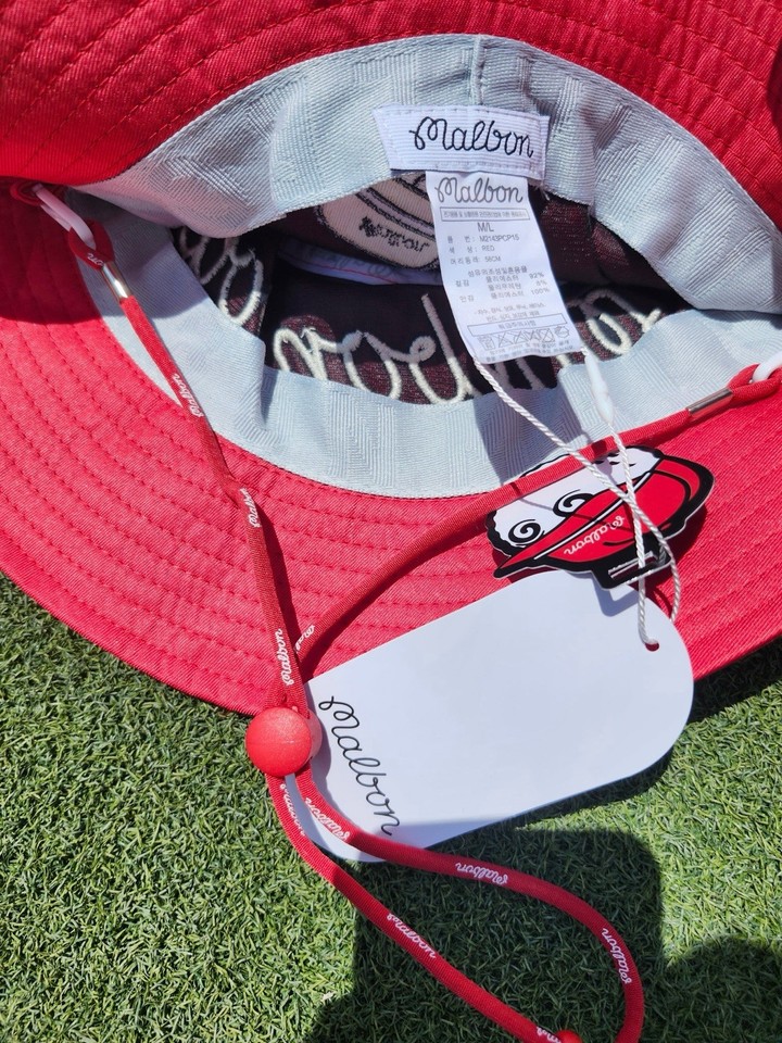 Malbon Golf Bucket Hat Red | Embroidered Script Logo | Adjustable Strap ...