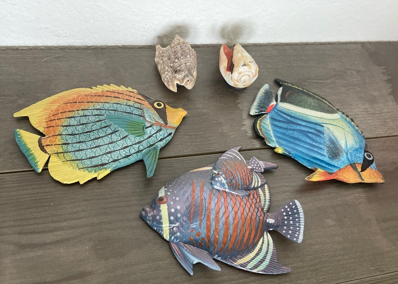 Set of 3 Metal Painted tropical fish magnets w/ 2 Real Shell Homemade ...