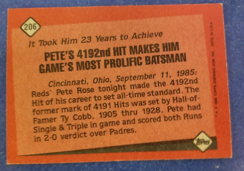 PETE ROSE 1986 TOPPS RECORD BREAKER CARD #206 CINCINNATI REDS(ALL-TIME ...