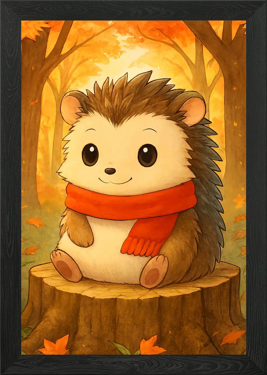 Cute Hedgehog with Scarf in Autumn Framed Wall Art Poster Canvas Print ...