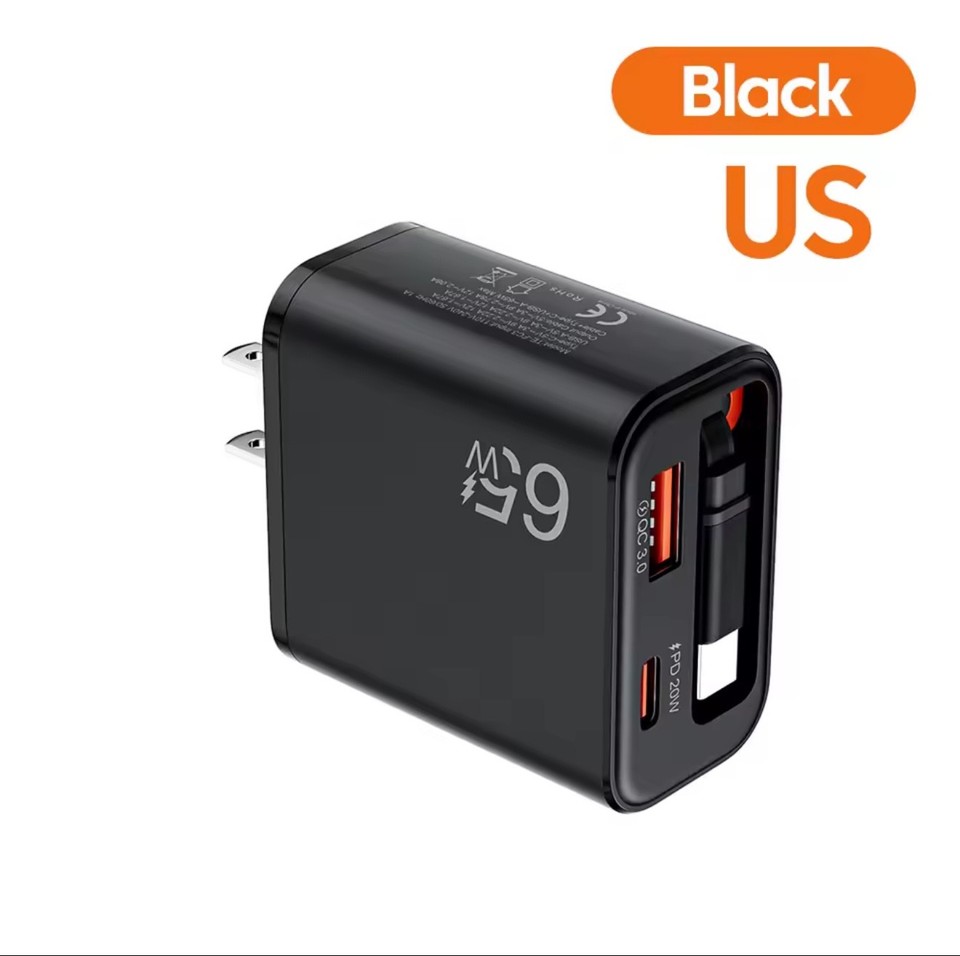 65W Super Fast Charge Type C USB Phone Charger With Retractable USB C ...