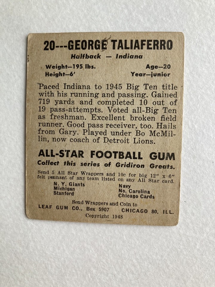 1948 Leaf Football #20 George Taliaferro Yellow Background (Indiana) EX ...