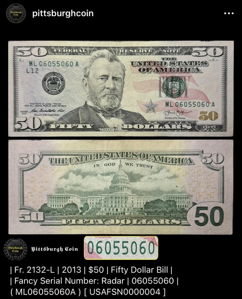 06055060 2013 $50 Fifty Dollar Bill Radar Palindrome Fancy Serial ...