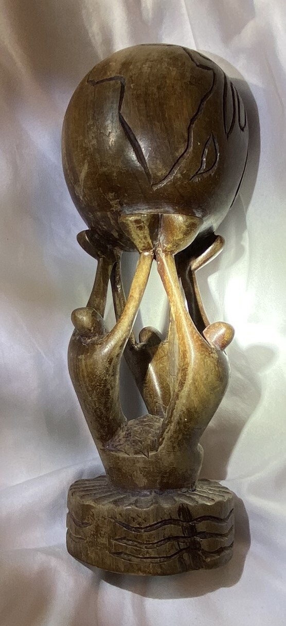 Unity Carved Wooden Statue 3 Men Holding Globe 8" | eBay