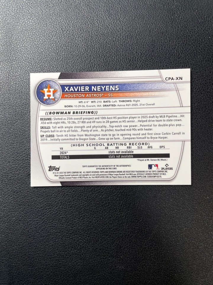 2025 Bowman Draft #CPA-XN Xavier Neyens 1st Prospect Auto Blue Wave 147 ...