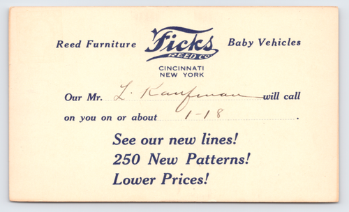 Ficks Reed Co. Sales Call Cincinnati OH 1922 Postcard Wicker Furniture ...