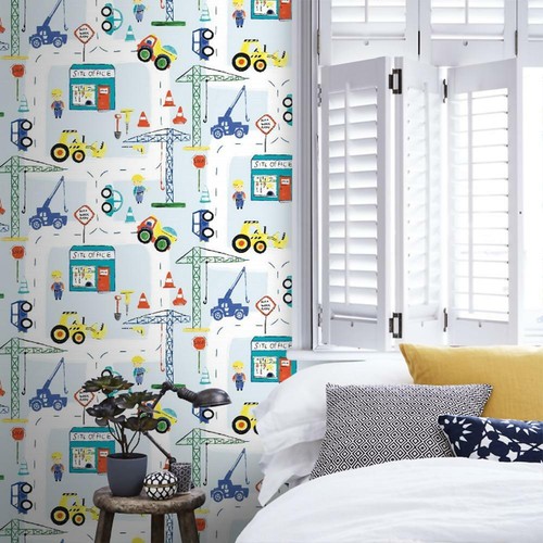 Kids Builder Wallpaper Trucks Diggers Crane Cars Road Works Children's ...