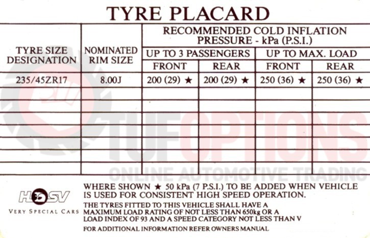 Commodore VN to VZ 17 inch 235/45R17 650kg "V" Rated HSV Tyre Placard ...