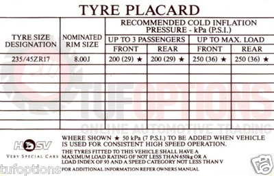 Commodore VN to VZ 17 inch 235/45R17 650kg "V" Rated HSV Tyre Placard ...