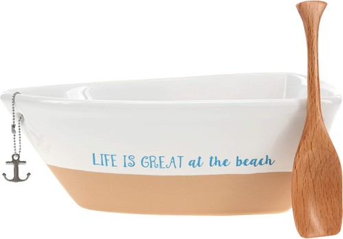 Pavilion 12oz Stoneware Boat Dish Server with Wooden Oar Scoop, Beach ...