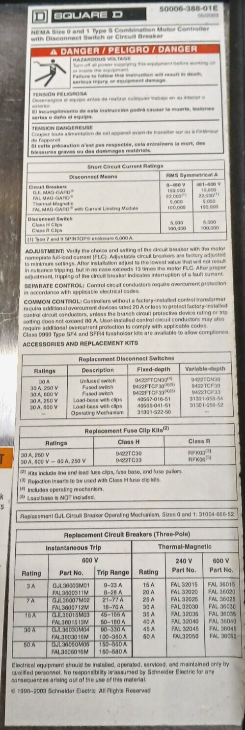 SQUARE D COMBO STARTER 4/4X 3 PH NEMA 1 COMBONATION MOTOR NEMA SIZE 1 ...