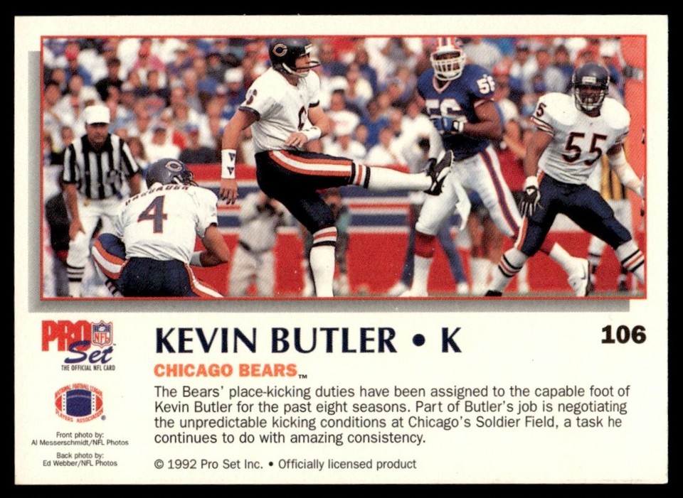 1992 Pro Set Power KEVIN BUTLER #106 Chicago Bears - FREE Ship! | eBay