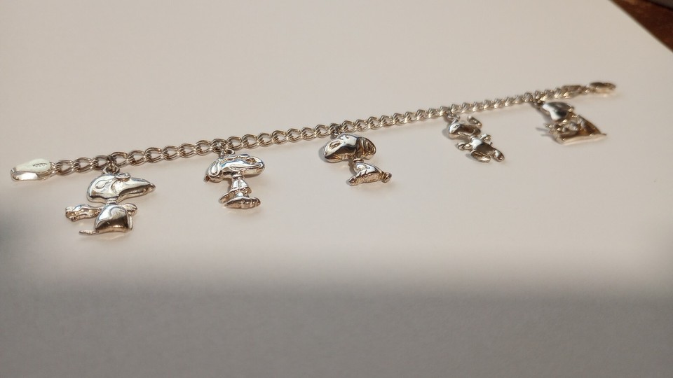 7" Sterling Silver Charm Bracelet With 5 Different Peanuts Snoopy ...