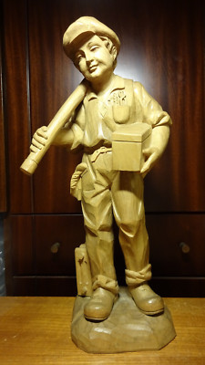 16" HAND CARVED WOOD HEATING SANITATION ENGINEER TECHNICIAN STATUE ...