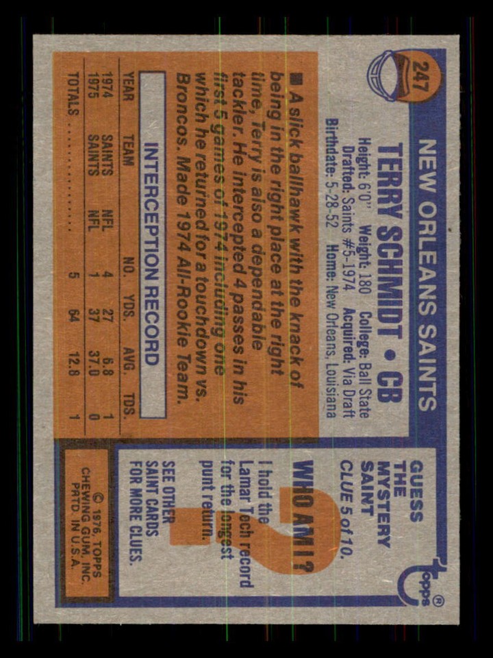 1976 Football Topps Terry Schmidt New Orleans Saints #247 RC1 | eBay