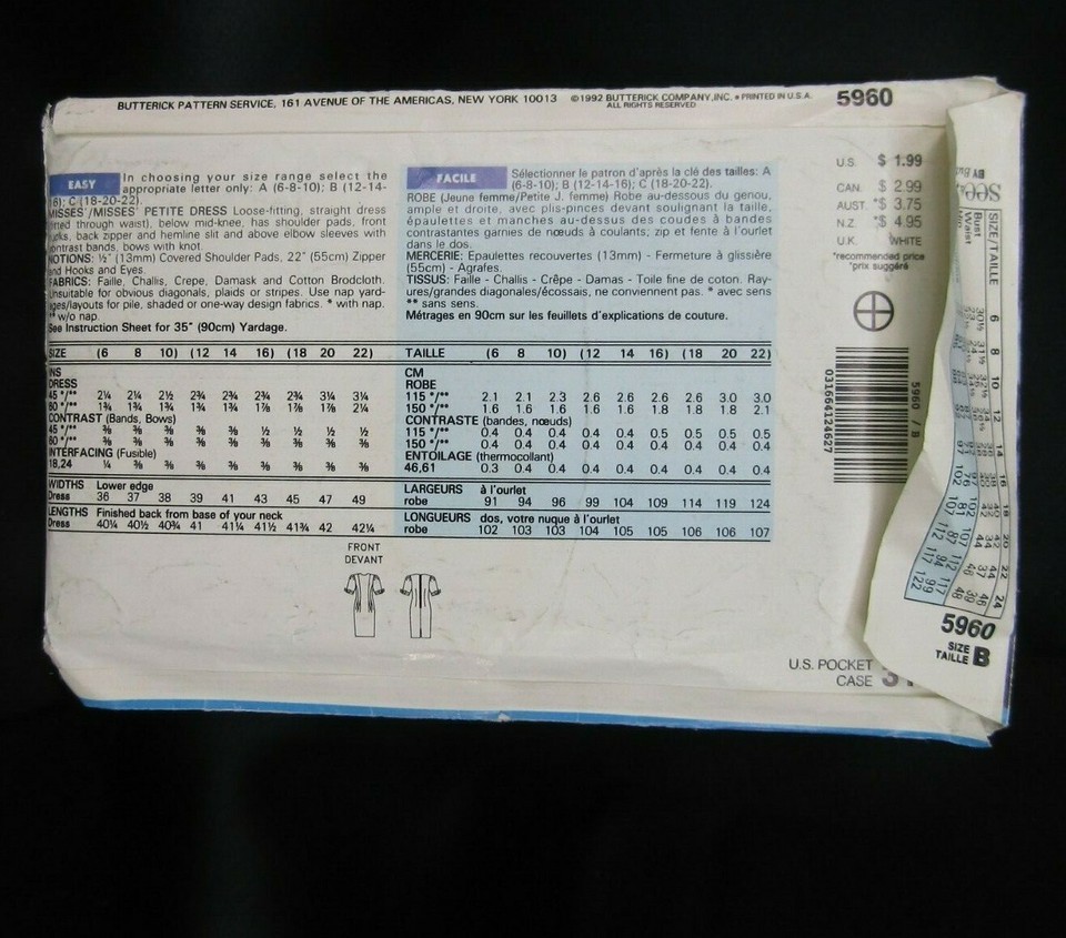 Butterick See & Sew Pattern 5960 Misses Fitted Dress Sz 12 14 16 Uncut ...