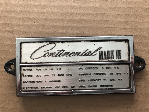 Vintage CONTINENTAL MARK III Car Automobile Hood Engine Data Plaque #22 ...