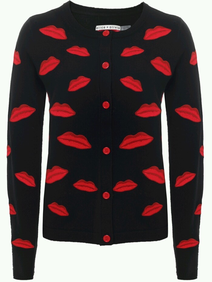Alice + Olivia Pout Embroidered Lips Sweater Cardigan Wool Knit Top ...