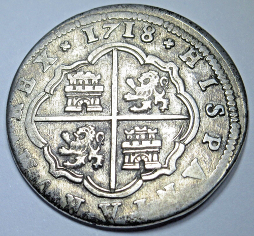 1718 Spanish Silver 2 Reales Antique 1700's Colonial Cross Pirate ...