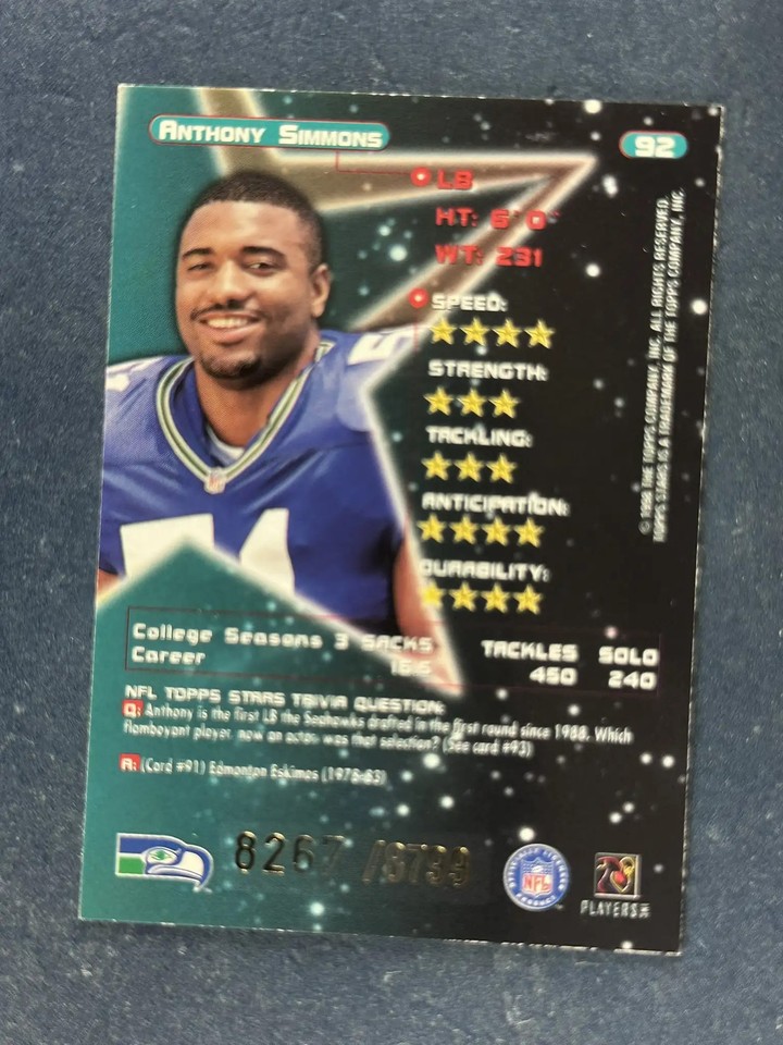 1998 Topps Stars Bronze #92 Anthony Simmons Seattle Seahawks /8799 | eBay