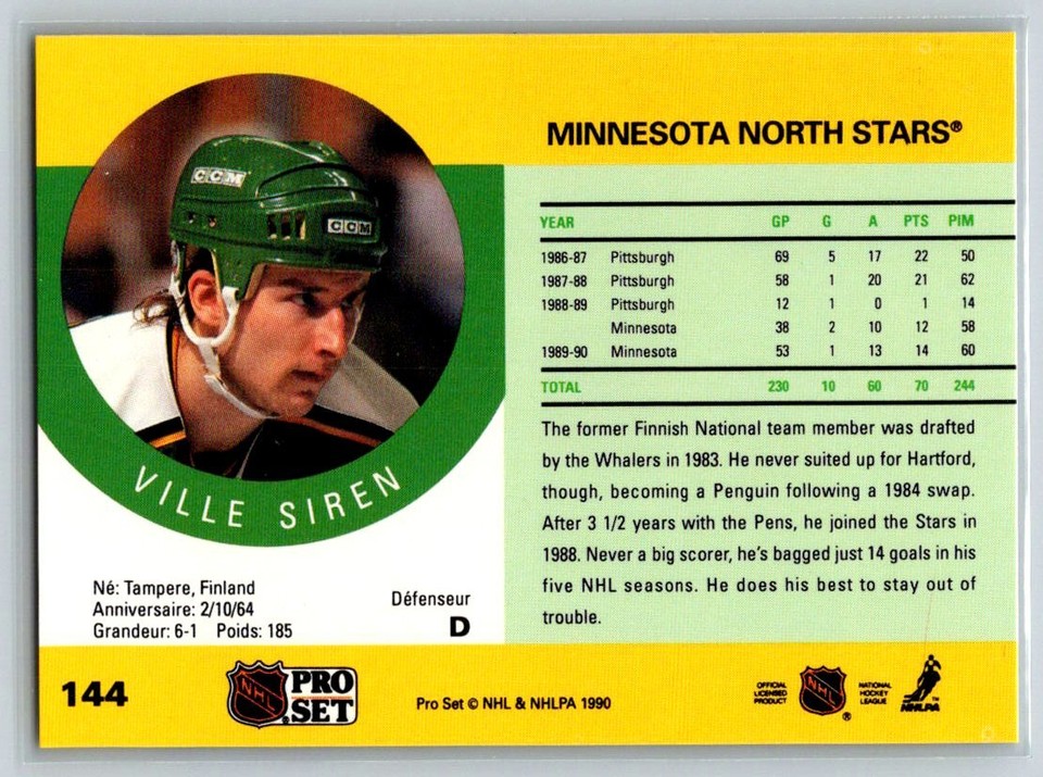 1990-91 Pro Set #144 Ville Siren Minnesota North Stars Rookie Hockey ...