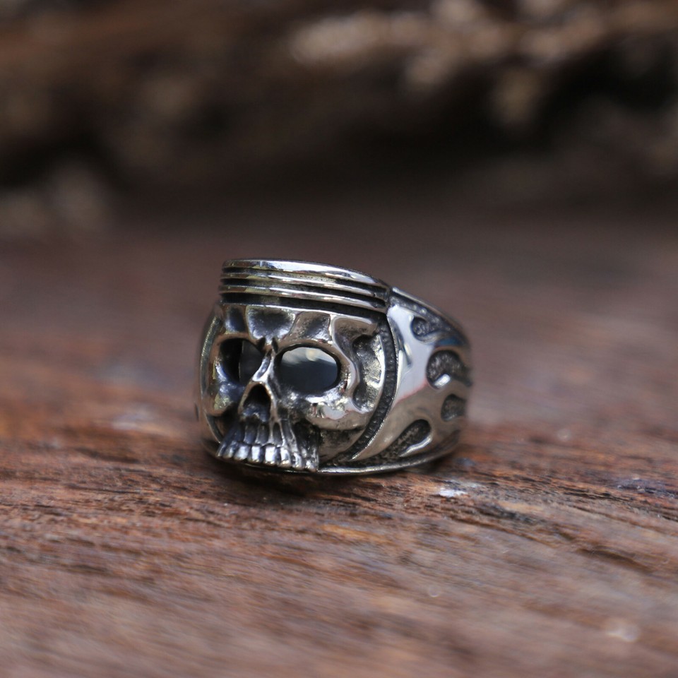 Skull Fire piston head ring men sterling silver 925 Biker Gothic punk ...