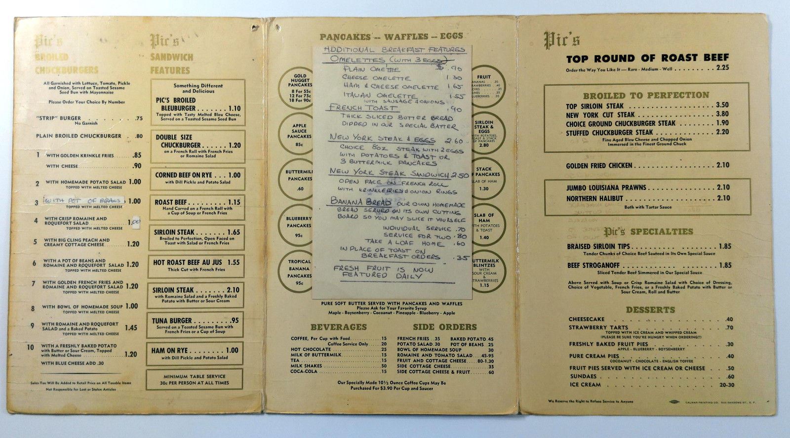 1960's Vintage Full Size Menu PIC'S Restaurant Mystery City California ...