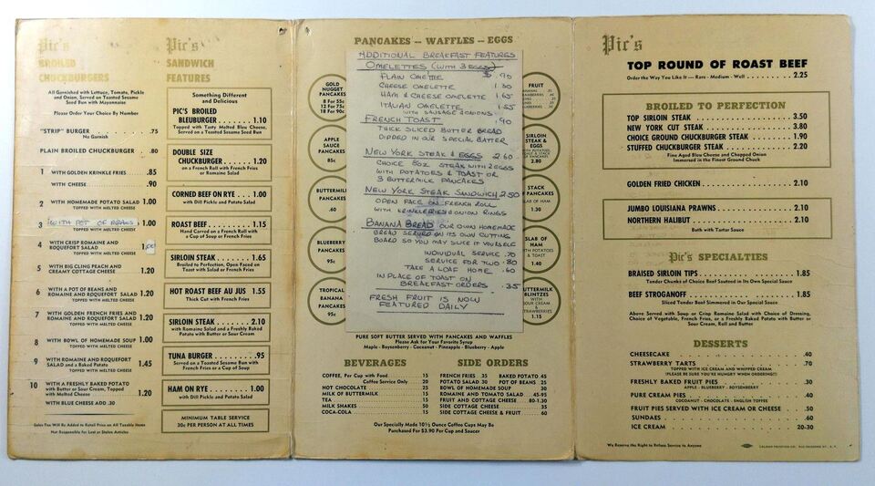 1960's Vintage Full Size Menu PIC'S Restaurant Mystery City California ...